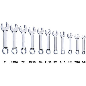 Premium Stubby Combination Wrench Set with Roll-up Pouch, 11-Piece, SAE, 3/8” to 1”, No Skipped Inch Size | Cr-V Steel, Mirror Polished Finish | Short Length and Slim Body, Perfect for Confined Areas