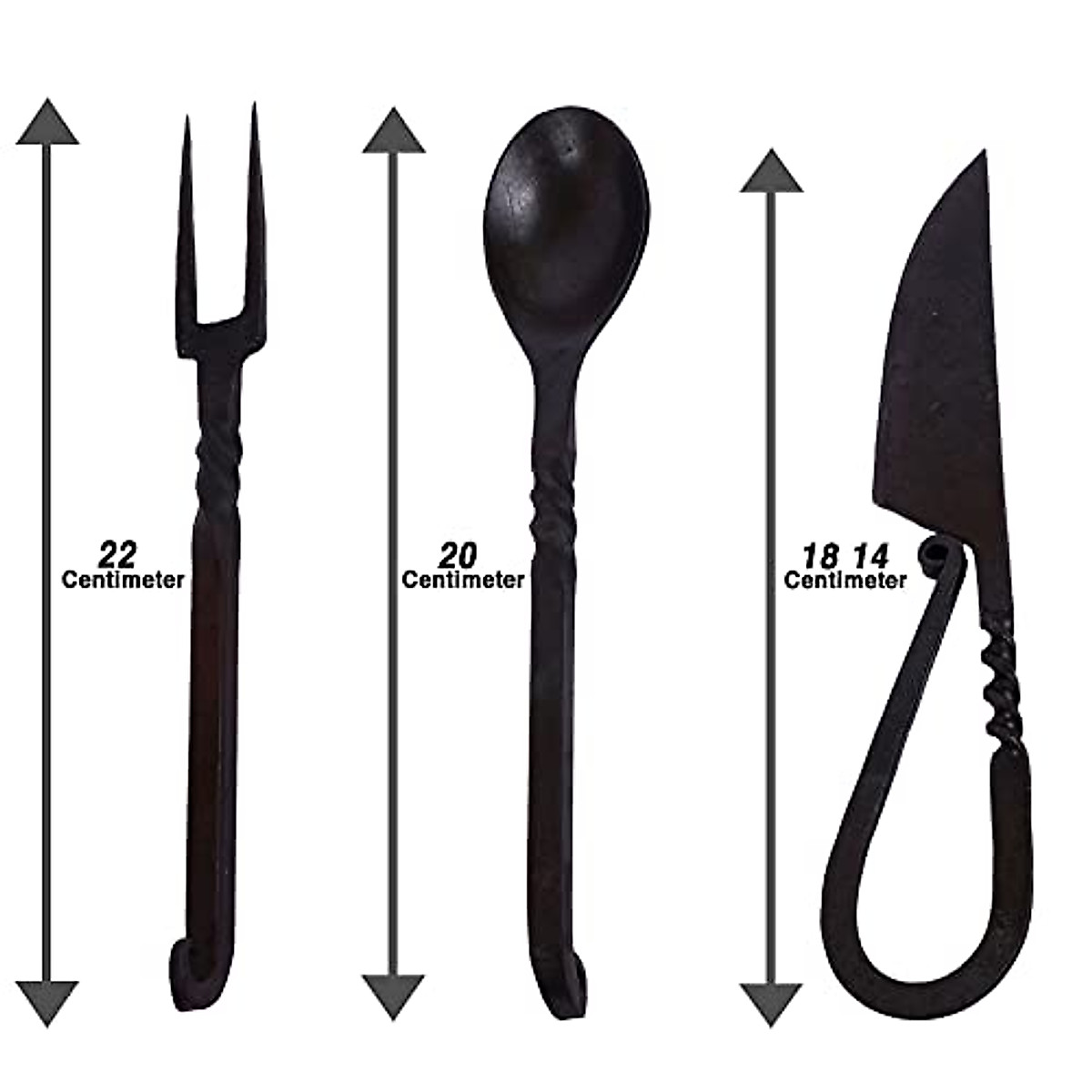 Viking Traders Hand-Forged Blacksmith Medieval Dining Hall Eating/Feasting Utensils set of 3 Piece Functional Fork Knife and Spoon Medieval Eating Set, with genuine leather pouch for easy carrying.