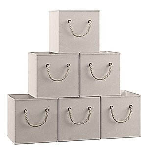Ornavo Home Foldable Collapsible Storage Box Bins Linen Fabric Shelf Basket Cube Organizer with Rope Handles - Set of 6 - 13 x 13 x 13 - Beige