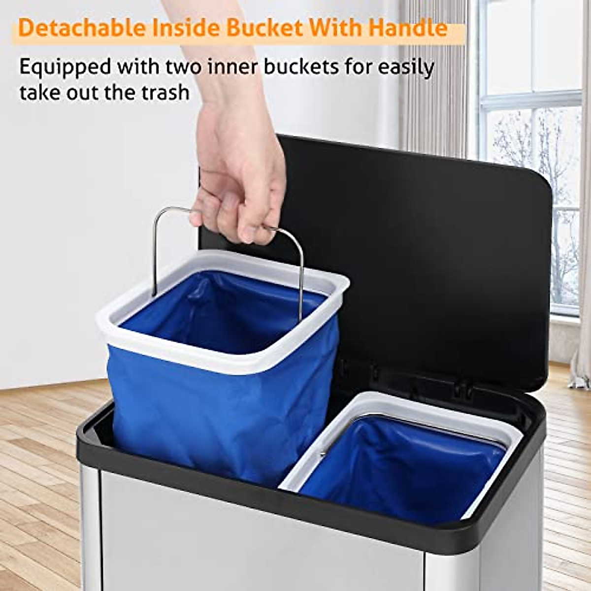 WICHEMI 30L Dual Trash Can, 2 x 4 Gal (2 x 15L) Stainless Steel Kitchen Garbage Can, Step-on Classified Recycle Garbage Bin with Soft-Close Lid & Removable Inner Buckets, Fingerprint-Proof, Airtight