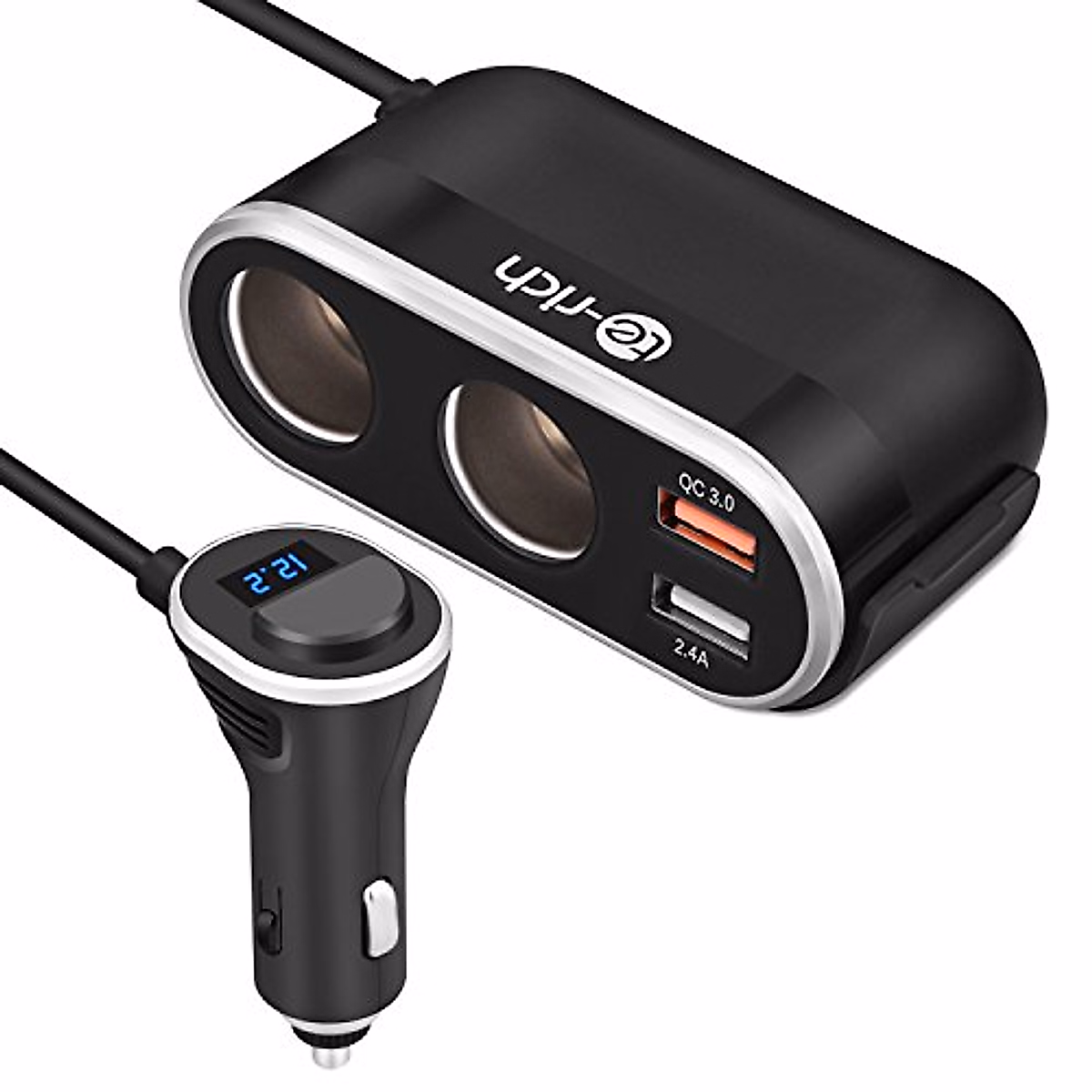 Car Socket Splitter, Te-Rich 96W 2-Way Auto Cigarette Lighter Splitter Power Adapter 12V/24V DC Outlet Extender 5.4A (Quick Charge 3.0 + 2.4A) Dual USB Charger for iPhones and Samsung Galaxy