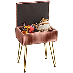 YMYNY Vanity Stool Chair with Storage, Square Velvet Ottoman Foot Stool, Modern Multifunctional Makeup Stool for Bedroom, Living Room, Office, Gold Legs, 18.9 * 15.75 * 11.6", Pink, UHBD024P