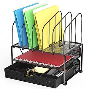 DecoBros Mesh Desk Organizer with Double Tray, 5 Upright Sections and Sliding Drawer, Black