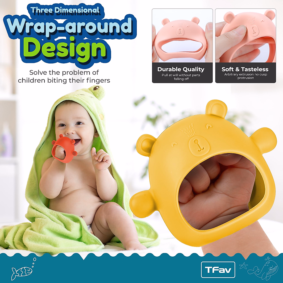 TFav Baby Bear Teether for Babies -3 pcs Pink, Yellow & Red -Silicone Mitten teether for 3 Months+ Boys & Girls -Hand Pacifier That Fits on Fist -Calm Down The Fussy Baby Calm Down Fussy Baby