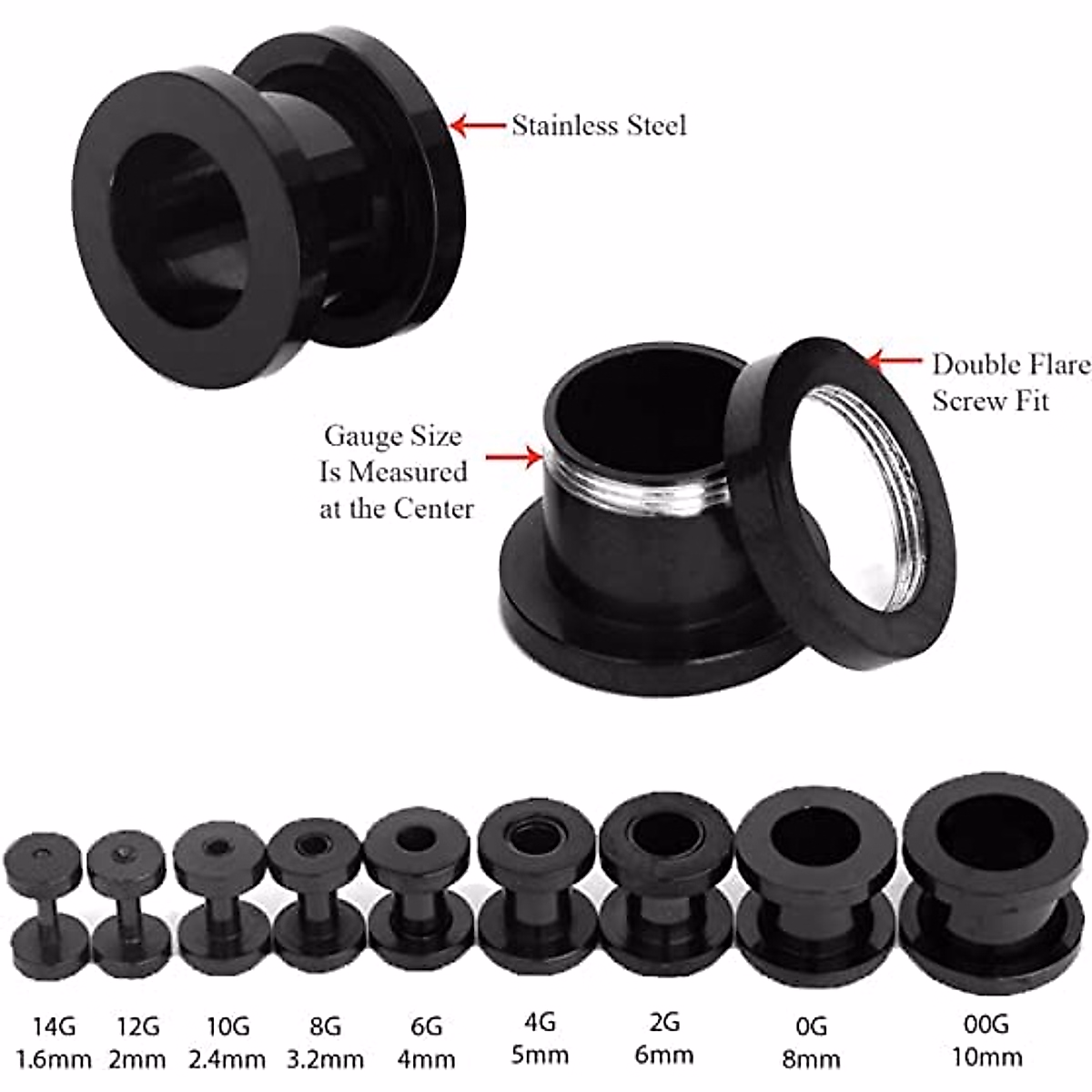 CABBE KALLO 36pcs Steel Ear Stretching Kit 14G-00G 9 Sizes Surgical Steel Tapers Tunnels Gauges Set for Starter Women Men Expanders Body Piercing Gift Jewelry, Black