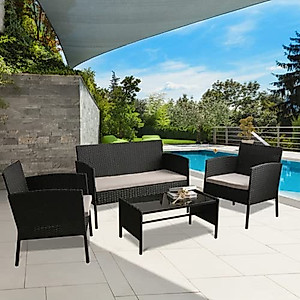 GURLLEU Rattan Sofa Furniture Set, Outdoor Patio Conversation Chair, Loveseat and Tempered Glass Coffee Table, Loveseat for Garden Lawn (Black and White Cushions) (Set 4 Pieces)