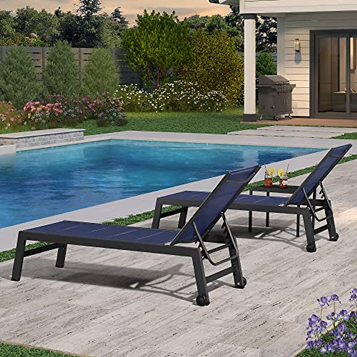 PURPLE LEAF Outdoor Chaise Lounge Set of 2 Aluminum Patio Lounge Chair with Wheels and Side Table Pool Chaise Lounge Chair for Outdoor Backyard Poolside Navy Blue