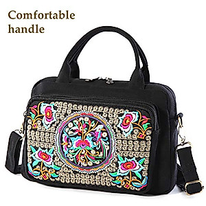 Embroidered Canvas Top Handle Handbag, 3 Layers Crossbody Bag