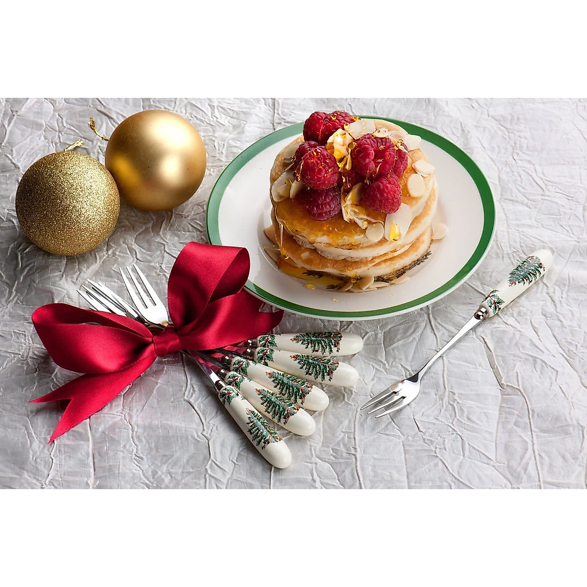 Spode Christmas Tree Collection Pastry Forks, Set of 6, Stainless Steel Fork, Porcelain Handle, 6-Inch Salad, Spaghetti, Appetizer, and Dessert Fork, Holiday Silverware