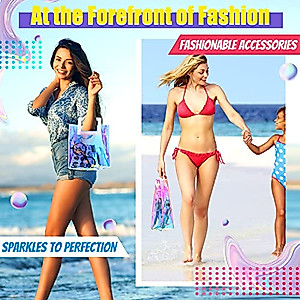 CHENGU 10 Pcs Holographic Gift Bags Clear Iridescent Reusable Birthday Gift Bags Handle PVC Gift Wrap Shopping Bags Waterproof Transparent Tote for Women Girl Wedding Party Baby Shower (7 x 8 x 4 Inch)