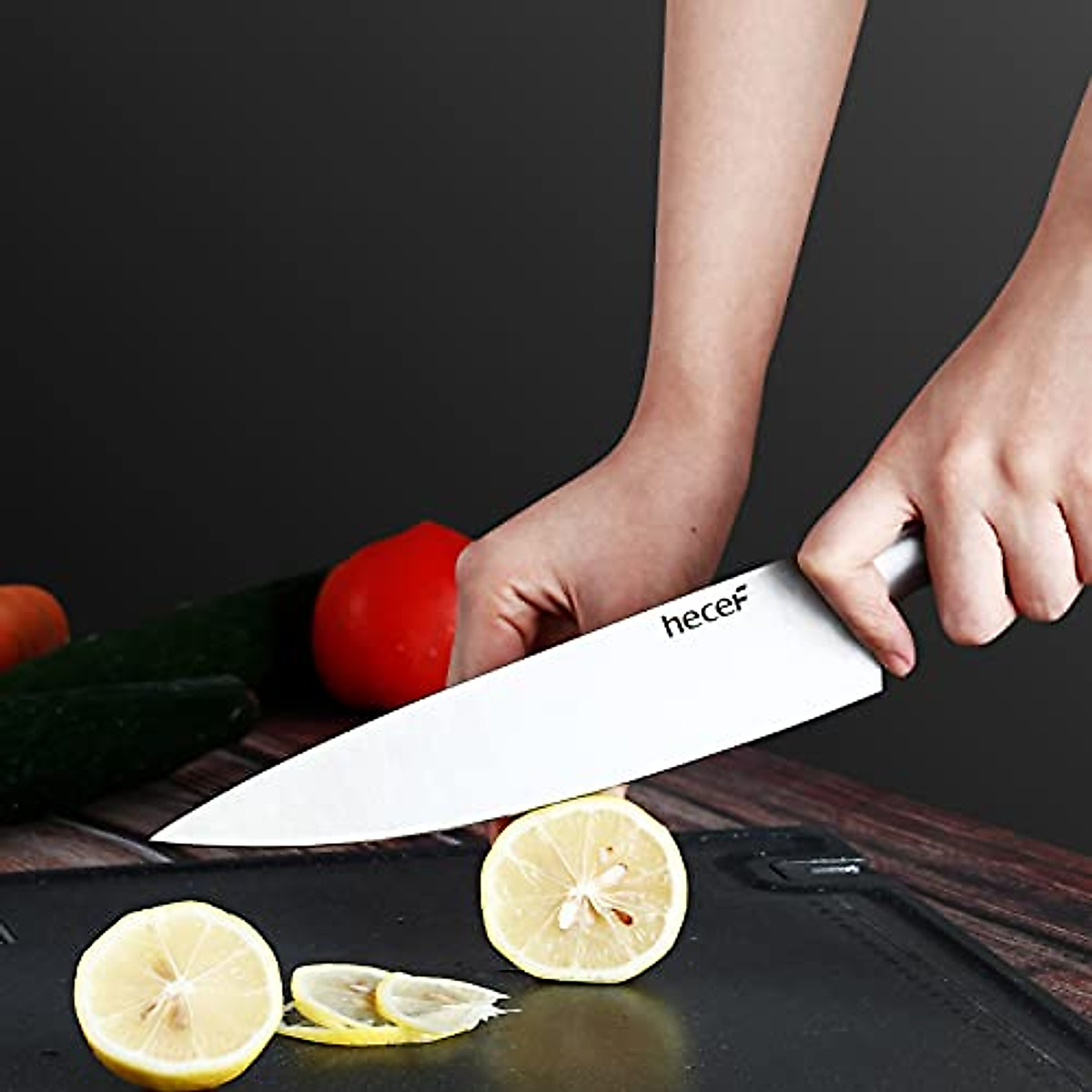hecef Gradient Black Kitchen Knife Set of 5, Chef Knife Set with Satin Finished Blade & Hollow Handle & Protective Sheaths, Includes Chef, Santoku, Bread, Utility & Paring Knife