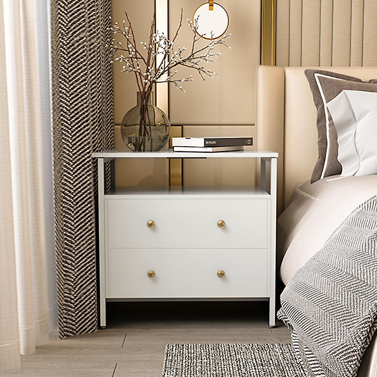 Edbuosy 27 inch Wide Nightstand with Charging Station, Bedside Table with Open Shelf, 2 Drawers Small Wood Dresser, End Side Table for Bedroom (White)