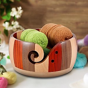 Wooden Yarn Bowl, 7x7x3in Knitting Yarn Bowl, Round Yarn Holder for Crocheting, Large Crochet Bowl Holder with Carved Holes, Weaving Thread Bowl, Yarn Basket Yarn Storage Bowl for DIY Handmade Crafts
