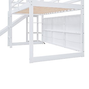 BOVZA Twin House Loft Bed with Slide, Storage Shelves and LED Light, Wood Twin Low Loft Bed Frame with Roof and Ladder, Playhouse Loft Bed for Kids Boys Girls Teens, White