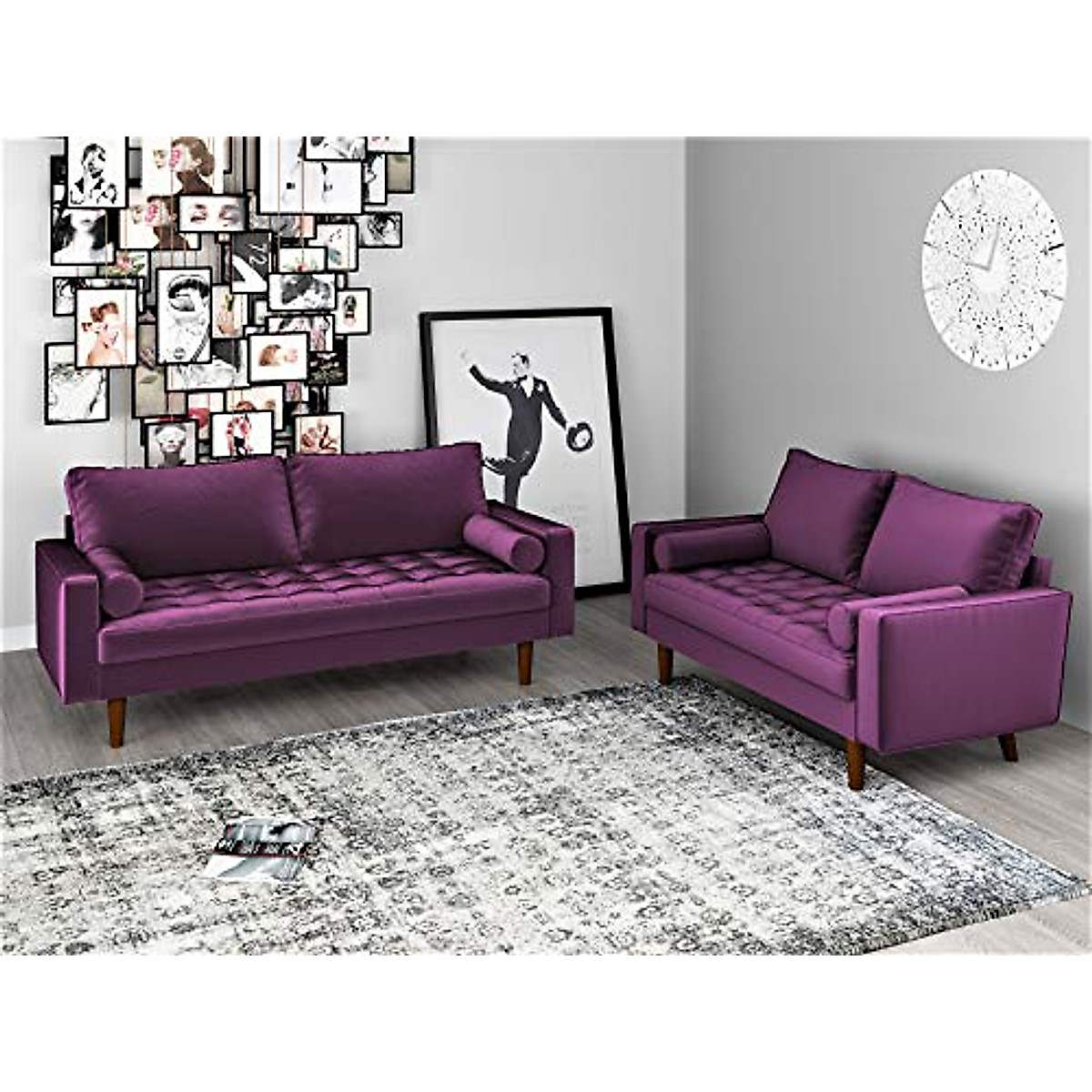 Container Furniture Direct Womble 58 Inch Velvet Loveseat Sofa with Elegant Button Tufted Upholstery, Square Arms, Splayed Wood Legs, Includes Matching Bolster Pillows, Ruby