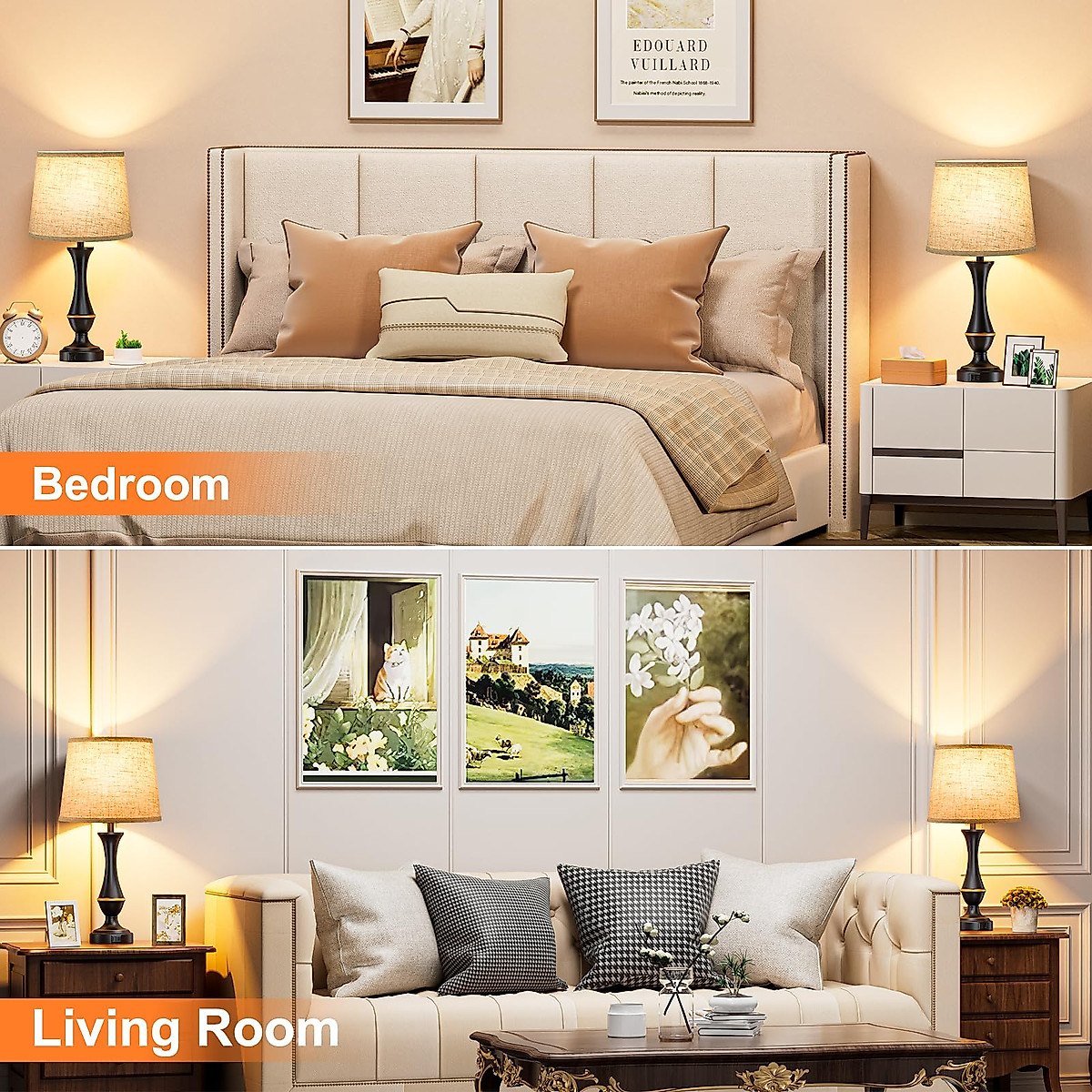 Upgraded Touch Lamps for Bedrooms Set of 2 - Nightstand Table Lamp with USB C+A, 3 Way Dimmable Bedside Lamps for Living Room End Tables, Farmhouse BedroomLamp1 Night Stand Lamps for Office