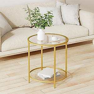 CADANI End Table, Glass Side Table with Open Storage, 2-Tier Gold Accent Table with Sturdy Metal Frame, Modern Round Coffee Table for Living Room, Bedroom, Balcony, Patio