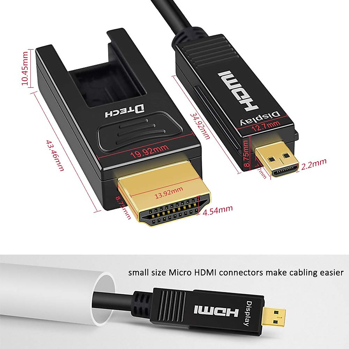 DTech Fiber Optic HDMI Cable 50 Feet 4K 60Hz 444 Chroma Subsampling 18Gbps High Speed Ultra HD with Dual Connector Micro HDMI and Standard HDMI Cord Compatible with TV Projector Computer Monitor