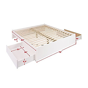 Prepac Select King 4-Post Raised Platform 2-Drawer Storage Bed, Modern King Storage Bed with Drawers 83" D x 79" W x 16" H, White, WBSK-1302-3K