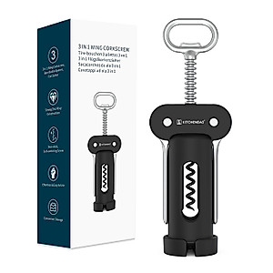KITCHENDAO 3 in 1 Wing Corkscrew Wine Bottle Opener with Foil Cutter, Built-in Beer Bottle Opener, Multifunctional Wine Opener with Non-Stick Sharp Screw,Easy to Use, Manual Wine Corkscrew，Black