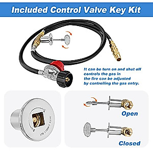 Skyflame LP Burner Connection Kit, Propane Fire Pit Replacement Parts with 1/2" Control Valve Key Set, 0~30PSI Adjustable Gas Pressure Regulator Hose, 60" Connect Hose, 150K Brass Air-Mixer