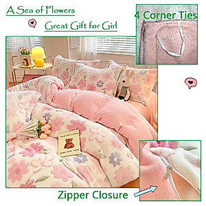 KASBLUEL Bedding Sets, Pink Rabbit Duvet Cover Aesthetic Comforter Covers Ultra Fluffy Blanket Soft Cute Kawaii Bed Set for Toddler Teen Kids Girls Women (Pink Flowers, Twin)