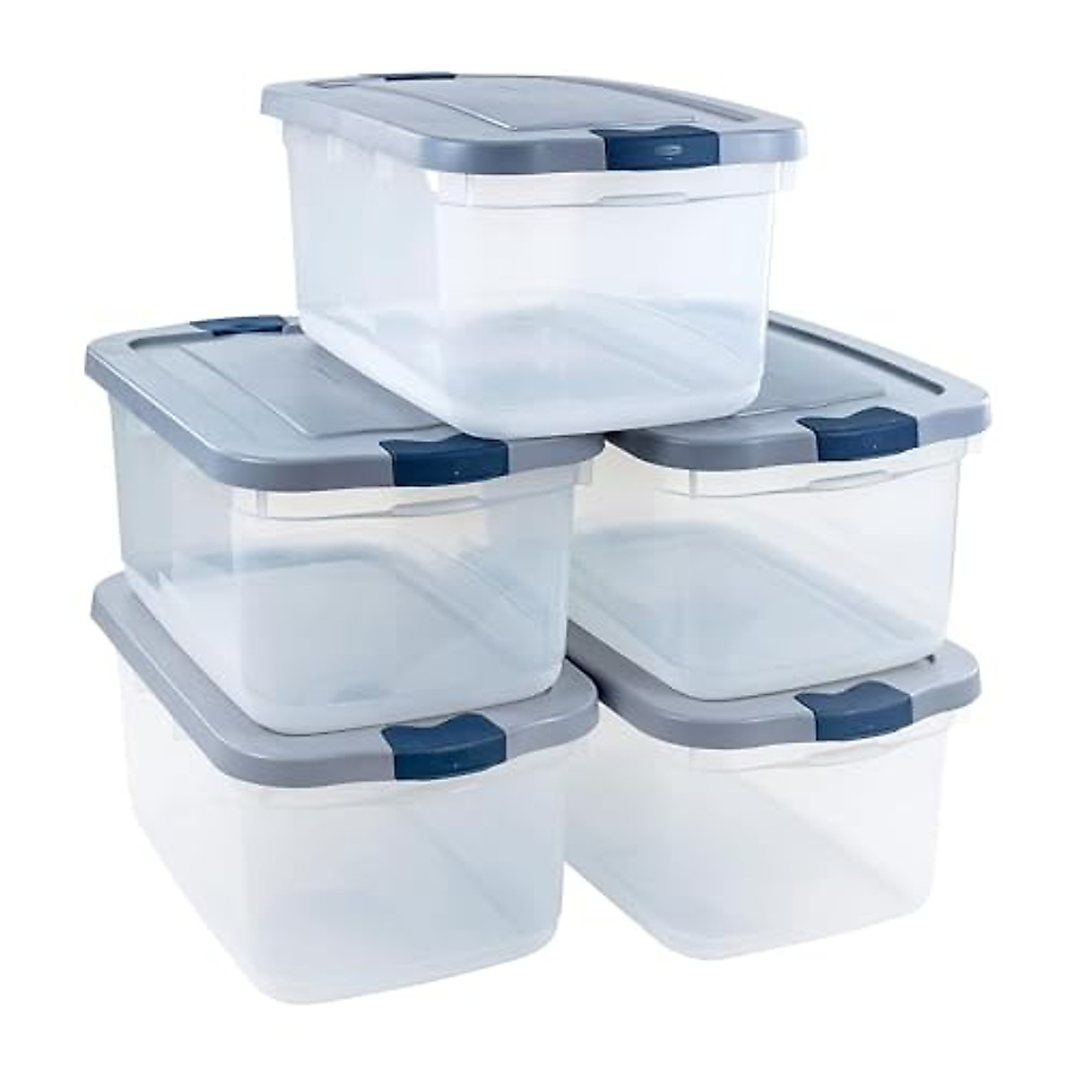 Rubbermaid Roughneck Clear Storage Container, 50 qt., Clear Base, Grey and Blue Lid, Pack of 5 (1785784)