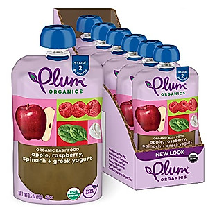 Plum Organics | Stage 2 | Organic Baby Food Meals [6+ Months] | Apple, Raspberry, Spinach & Greek Yogurt | 3.5 Ounce Pouch (Pack Of 6) Packaging May Vary
