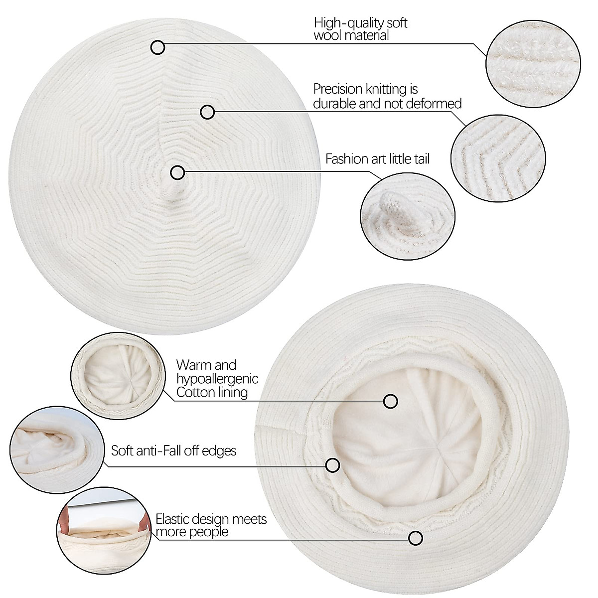 Women French Beret Hat Beanie Winter Knit Knitted Warm Wool Slouchy Paris Basque Baret Barrette Artist Cap White Classic Solid Color, Boinas de Mujer, Gifts for Ladies