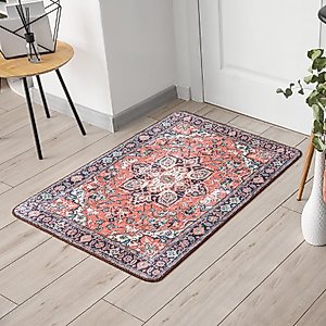 Toneed Area Rugs 2x3, Cherry Red Washable Rug Non Slip Low Pile Vintage Carpet for Bedroom Living Room Kitchen Entryway Bathroom Laundry Decor