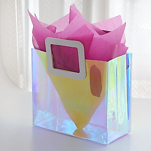 VUOJUR 11'' Holographic Medium Gift Bag with Tissue Paper Reusable Birthday Gift Bag for Women Girls Iridescent Bachelorette Wedding Bridal Bridesmaid Tote Gift Bag (Pack of 1, M Orchid)
