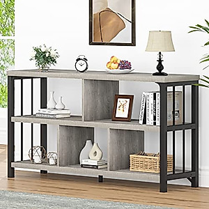 IBF Industrial Horizontal Bookshelf, Modern 5 Cube Storage Organizer Open Shelf, Low Wide Cubby Bookcase for Home Office Living, Wooden Metal Short Book Shelf Bedroom Storage, Light Grey Oak, 47 Inch