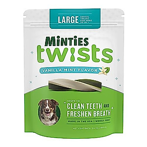 Minties Dental Twists for Dogs, Vet-Recommended Vanilla-Flavored Dental Chews for Medium/Large Dogs over 40 lbs, Dental Treats Clean Teeth, Fight Bad Breath, and Removes Plaque and Tartar, 24 oz