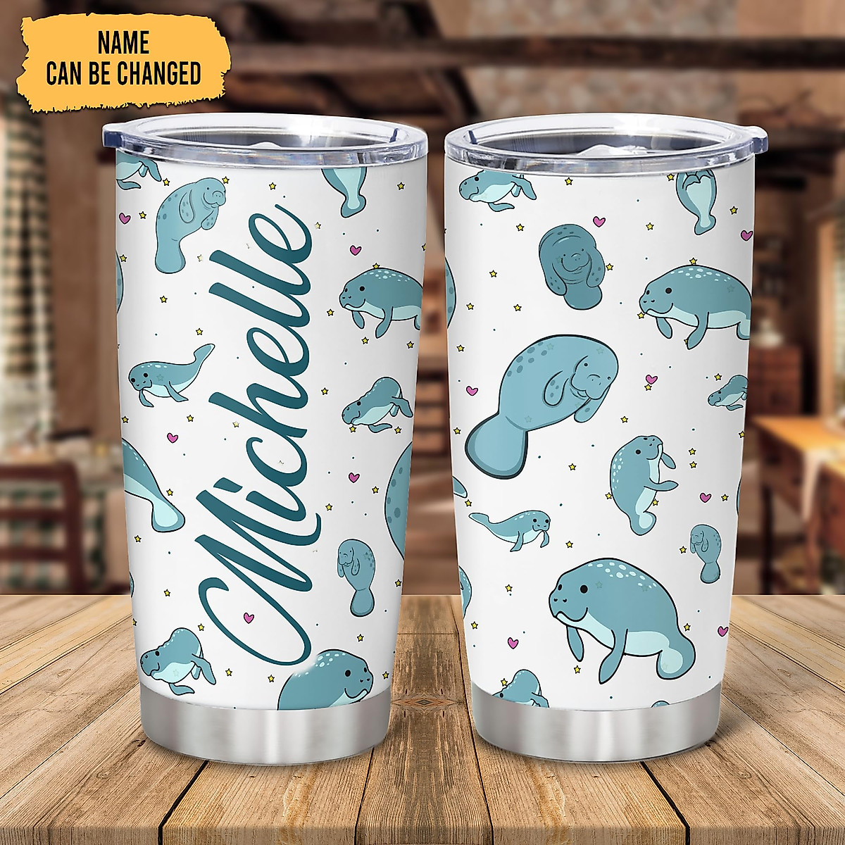 Hyturtle Personalized Gifts Manatee Lover - Manatees Printed Customized Name Stainless Steel Tumbler 20 oz With Lid - Idea Cute Sea Animal Lover Gifts For Women, Girl, Kids On Birthday, Christmas