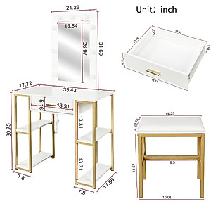 Vanity Desk Set, Makeup Vanity with Chair & Mirror & Adjustable Brightness Lights & Large Drawer, Vanity Table for Bedroom, Bathroom, Small Space (White)