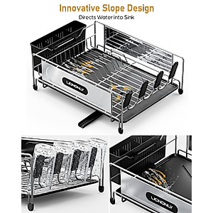 LIONONLY Dish Drying Rack, Dish Racks for Kitchen Counter, 304 Stainless Steel Dish Drainer Drainboard Set with Smart Drainage, 360° Adjustable Spout, Utensil Holder and Cup Holder,Black