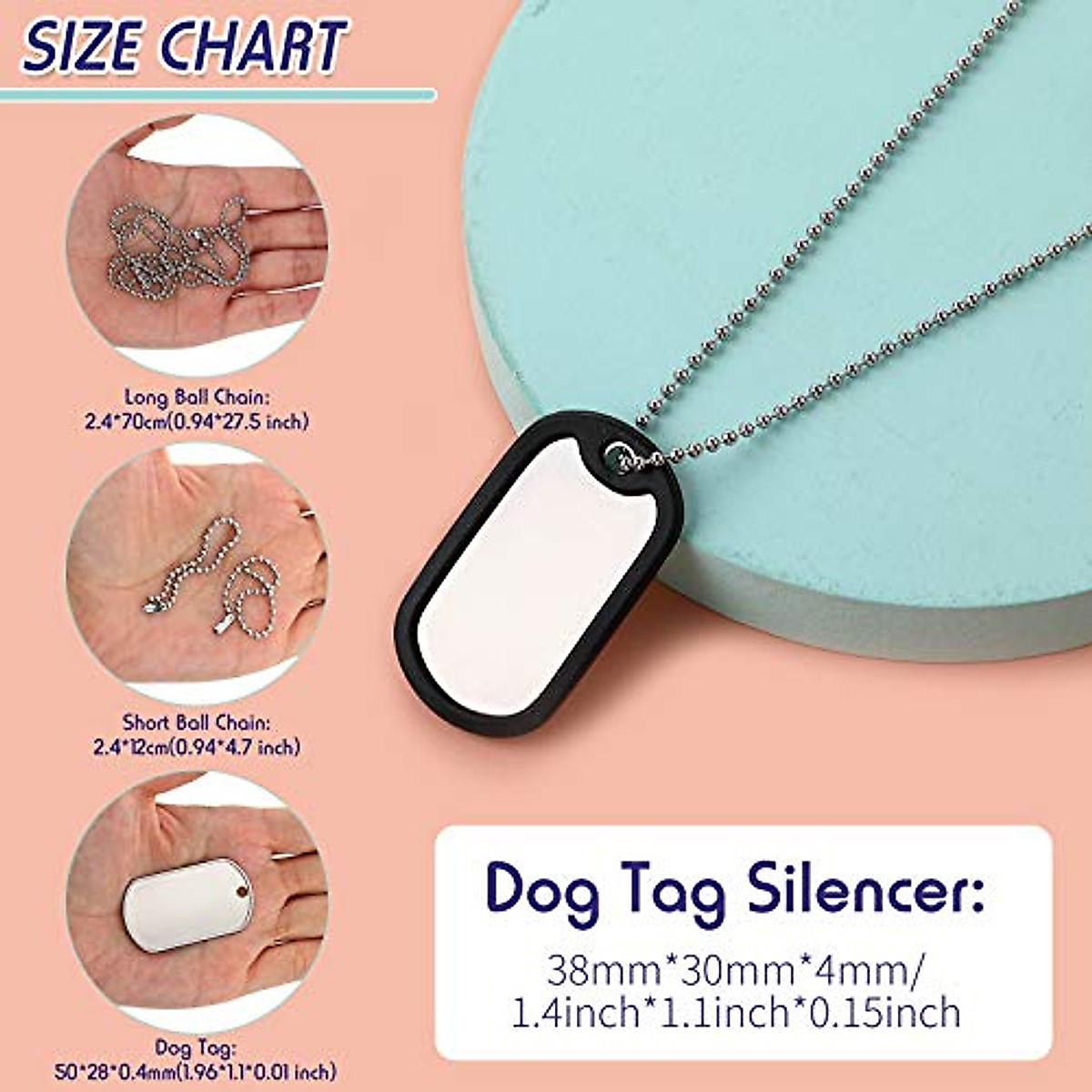 Weewooday 4 Pieces Military Dog Tag Silencer Silicone Round Rubbers Army Dog Tag Silencer Set Complete with 4 Steel Ball Chains & 4 Blank Dog Tags, Black
