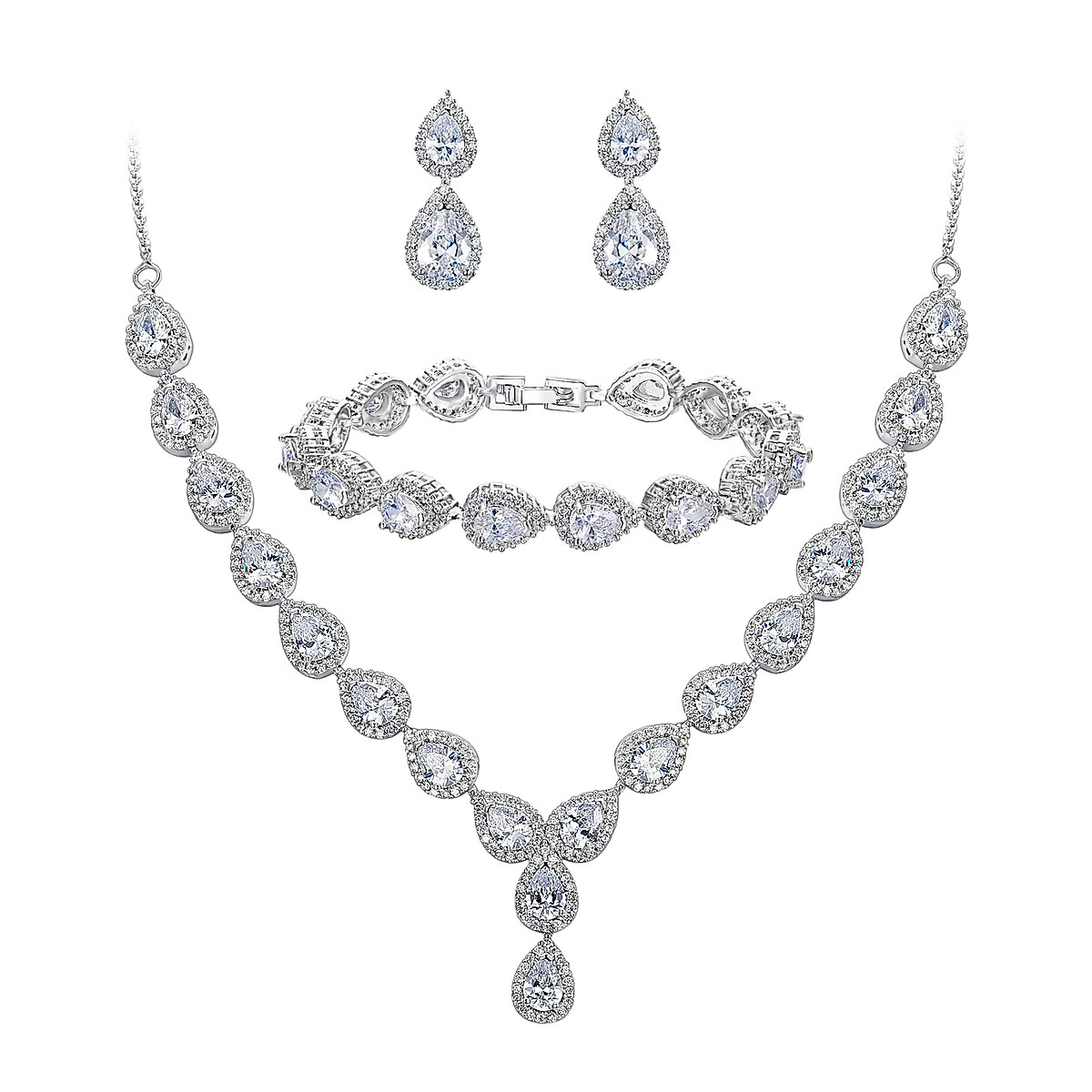 BriLove Wedding Bridal CZ Necklace Bracelet Earrings Jewelry Set for Women Teardrop Infinity Figure 8 Y-Necklace Tennis Bracelet Dangle Earrings Set Clear Silver-Tone April Birthstone