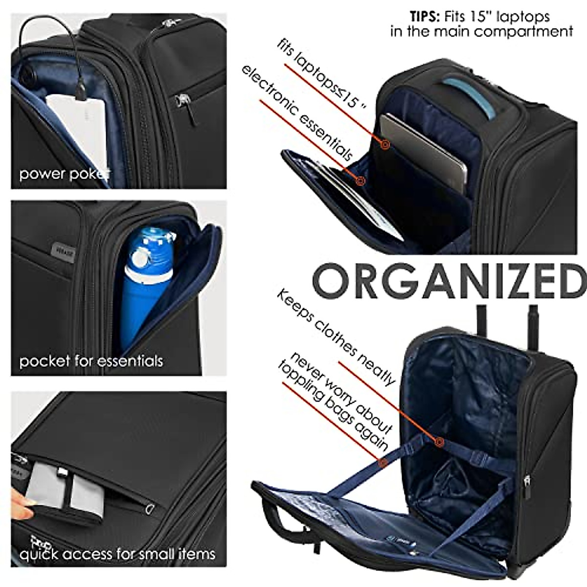 Verage Carry On Underseat Luggage with Wheels & USB Port, 16 Inch Wheeled Spinner Bag Carry-on Luggages for Airlines, Lightweight Suitcase Men Women, Pilots and Crew(16-Inch Rolling Underseat)