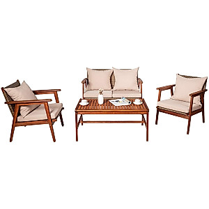 Tangkula 4 PCS Patio Wood Sofa Set, Outdoor Acacia Wood Seating Chat Set with Cushions & Coffee Table, Sectional Conversation Sofa Set for Garden, Backyard, Poolside (1, Brown)