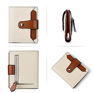 BOSTANTEN Genuine Leather Backpack Purse Casual College Travel Bags for Women and Women Leather Wallet RFID Blocking Small Bifold Zipper Pocket Wallet Card Case Purse with ID Window Beige with Brown