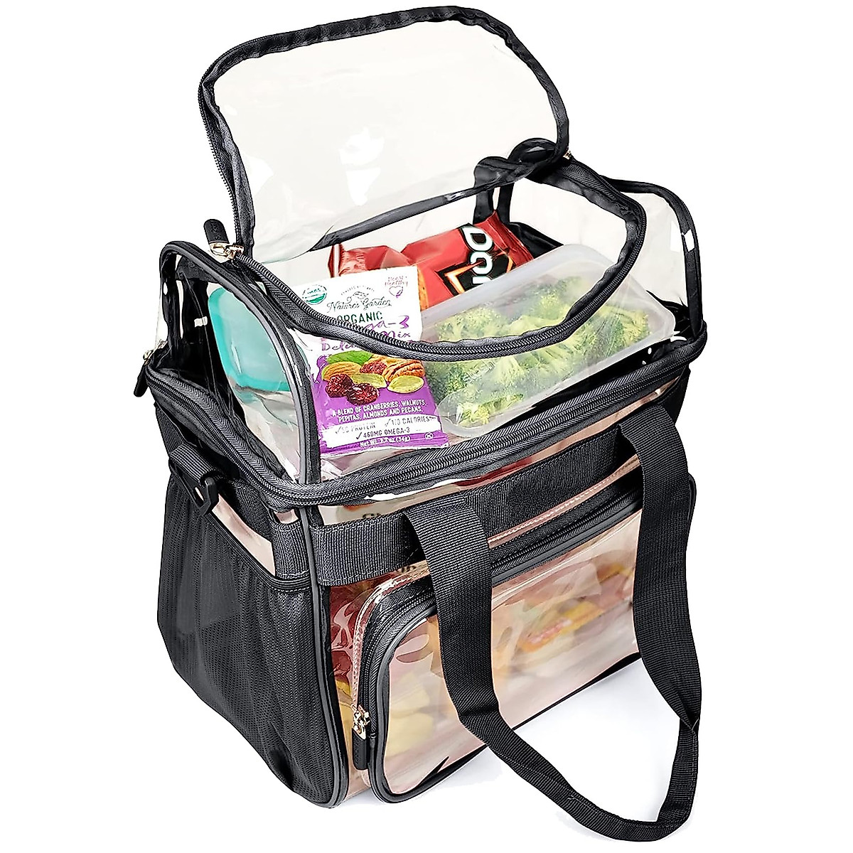 TACVEL Medium Heavy Duty Clear Lunch Bag, Stadium Approved Clear lunch Bag with Adjustable Strap, Clear Lunch Box for Women Men Work-Black