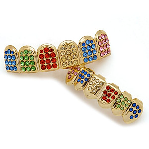 Vpang 18K Gold Plated Hip Hop Teeth Grillz Caps Iced Out CZ Face Diamond Top and Bottom Grillz Set for Men Women (Colorful)