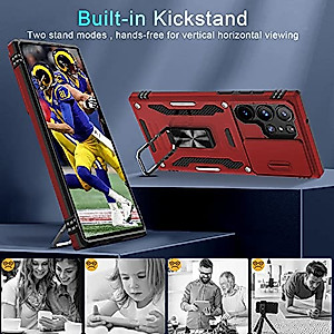 DEERLAMN for Samsung Galaxy S23 Ultra Case with Slide Camera Cover,Built-in Rotated Ring Kickstand [Full Camera Protection] [Military Grade] Heavy Duty Shockproof Protective Case Cover-Red