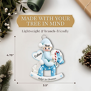 Personalized Baby Ornament 2024 – Fast & Free 24h Customization – Baby First Christmas Ornament for Tree – Custom Gift Wrapped Blue Baby 1st Christmas Rocking Horse Keepsake for Newborns