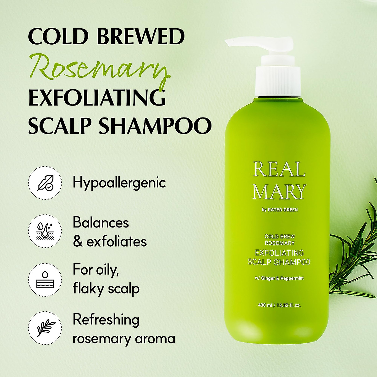 RATED GREEN Real Mary Exfoliating Dry Scalp Shampoo, 13.52 fl oz - Organic Rosemary Hair for Itchy , Gentle Scalp Moisturizer, with Ginger & Peppermint Oil