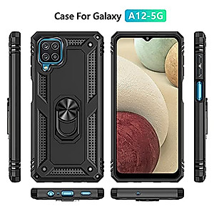 YZOK for Galaxy A12 Case, Samsung A12 Case, with HD Screen Protector,[Military Grade] Ring Car Mount Kickstand Hybrid Hard PC Soft TPU Shockproof Protective Case for Samsung Galaxy A12 (Black)