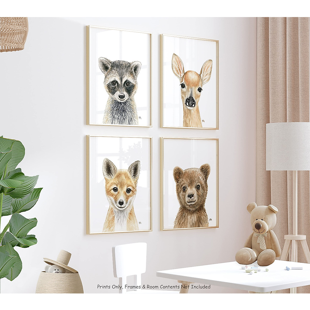 Woodland Animal Nursery Prints Unframed Set of 4, Pick Your Baby Animals and Size, Original Watercolor Portraits Art Signed By Artist
