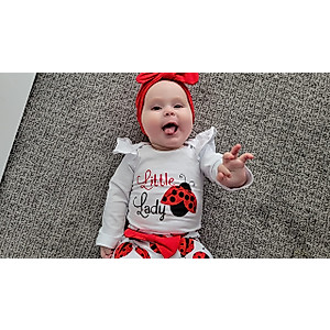TyeSmo Baby Girl Clothes 3-6 Months Ladybug Printed White Ruffle Long-sleeve Top + Pants + Headband + Hat 3-6 Month Girl Clothes