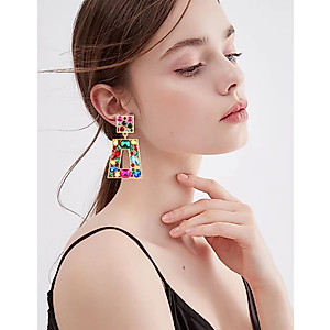 Canboer Colorful Rhinestone Rectangle Dangle Earrings Sparkly Geometric Drop Statement Earrings Hypoallergenic for Women Party Prom